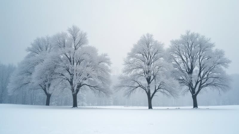 Three Trees are Covered in Snow and are Standing in a Field Stock Image ...