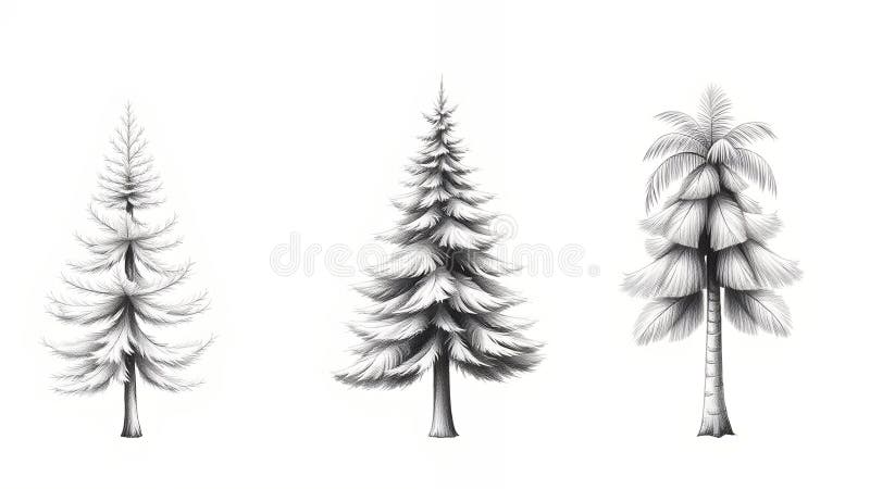 Three Trees Drawn in Pencil on a White Background Stock Illustration ...