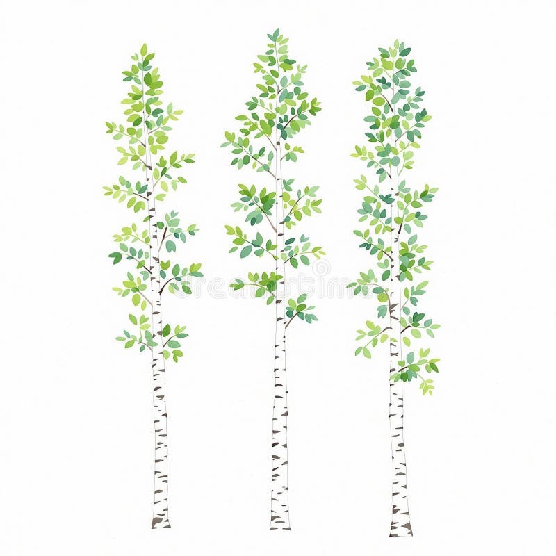 Three Trees with Green Leaves are Painted on a White Background Stock ...