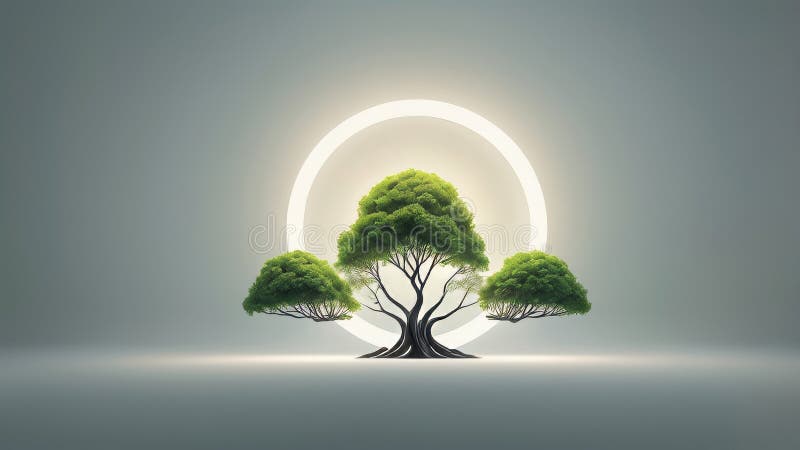 Three Trees Stand Tall Bathed in Soft Light from a Circular Glow Stock ...