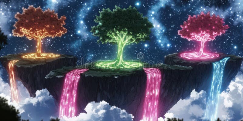 Three Trees are Standing on a Cliff with a Waterfall Stock Illustration ...