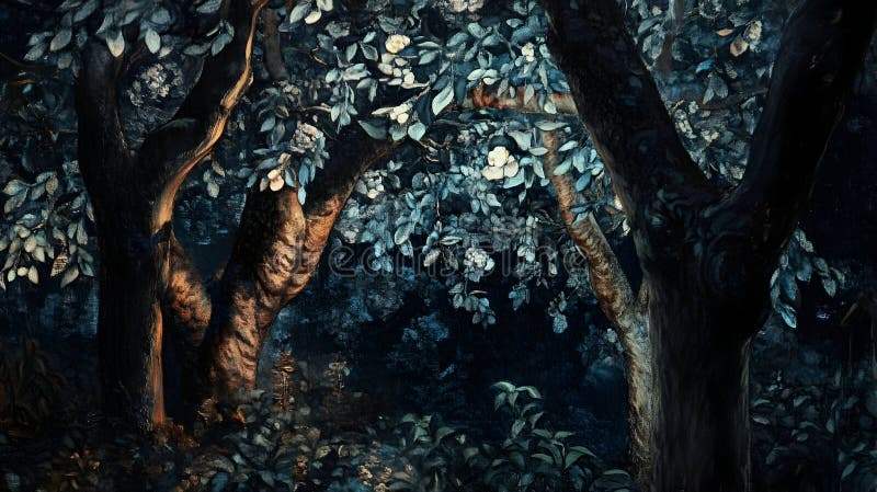 Three Trees with Thick Trunks are Surrounded by Dense Foliage, Bathed ...