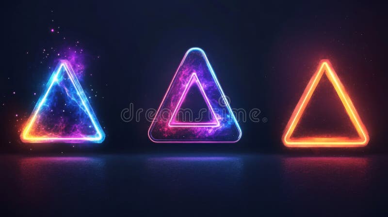 Three Triangle Neon Frames on Dark Reflective Surface in Abstract Glow ...