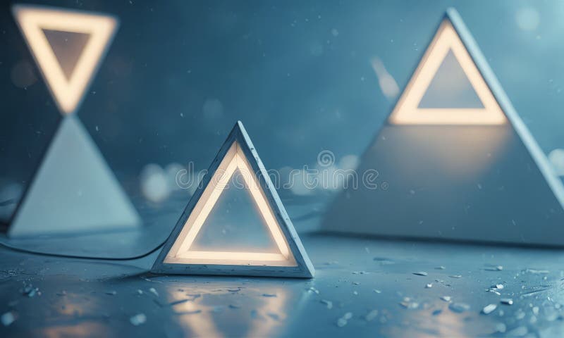 Three Triangular Light Fixtures with Glowing White Triangular Shapes ...