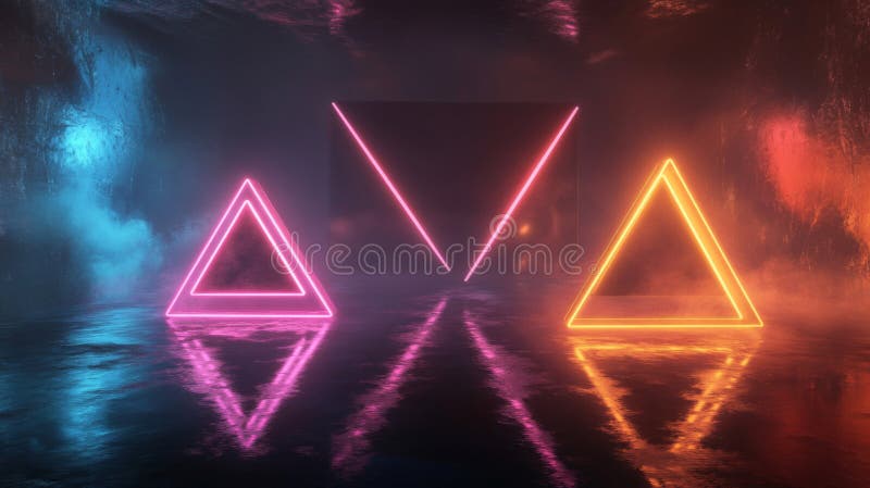Three Triangular Neon Lights on a Reflective Surface Stock Illustration ...