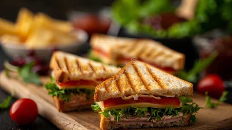 Three Triangular Sandwiches, Filled with Lettuce, Tomato, and Cheese ...