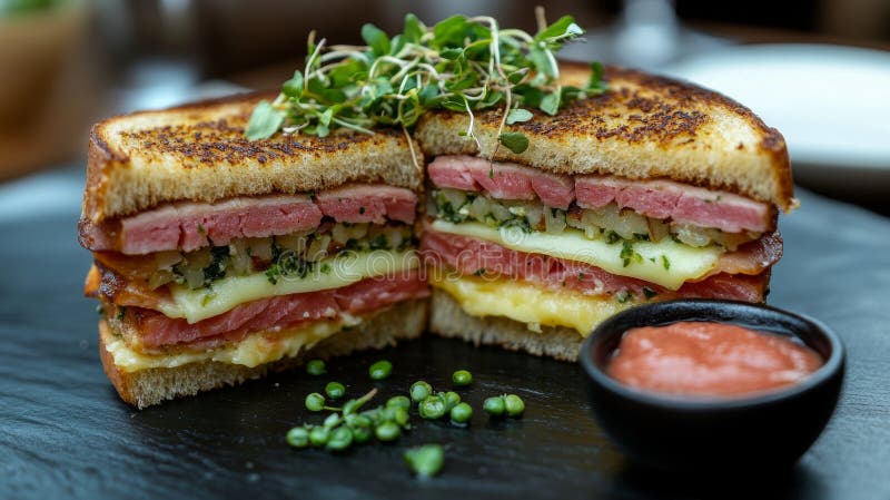 Three Triangular Sandwiches with Tomato, Lettuce, and Ham, Captured Up ...