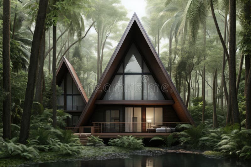 Three Triangular Shaped Cabins in the Middle of a Forest, AI Stock ...