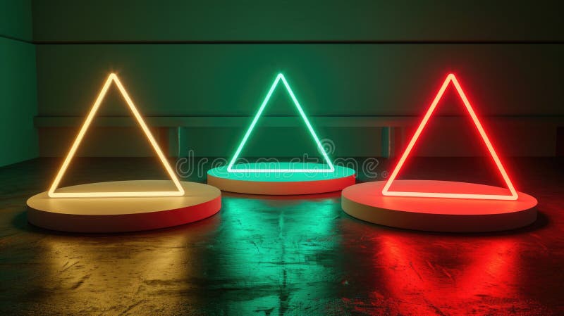 Three Triangular Shaped Neon Lights on Wooden Floor. Can Be Used for ...
