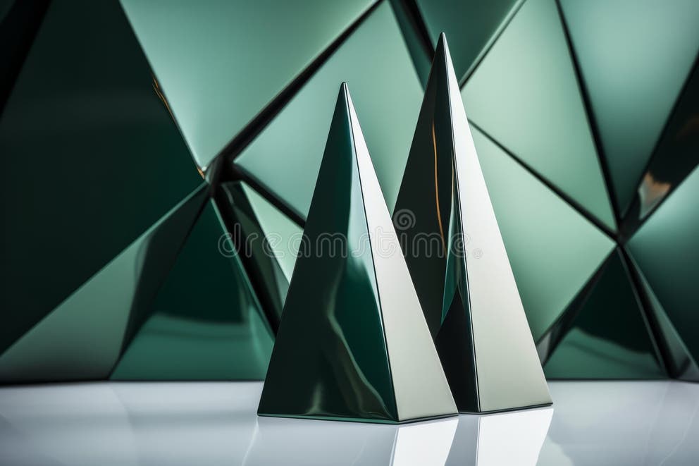 Three Triangular Shaped Objects in Front of a Green Wall Stock ...