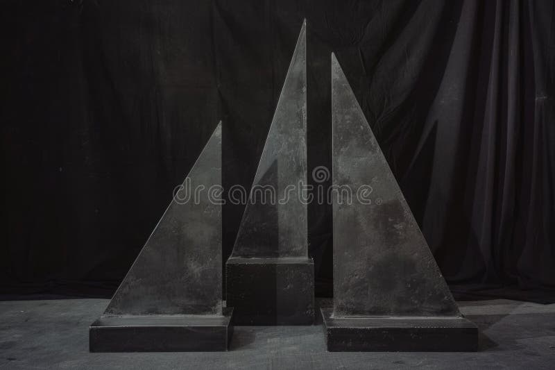 Three Triangular Steel Sculptures Stand on a Dark, Minimalist ...