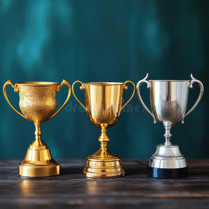 Three Trophies Displayed on a Table Against a Blue Background. Stock ...