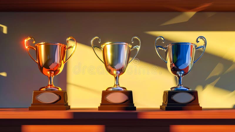 Three Trophies on a Shelf with Shadows Stock Image - Image of table ...