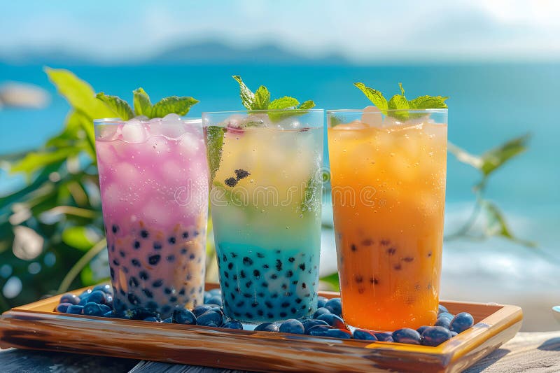 Three Tropical Cocktails with Bubble Tea. Fresh Drinks Against the ...