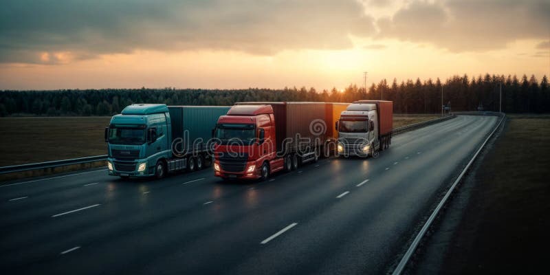 Three Trucks Driving on a Highway at Sunset Stock Image - Image of haul ...