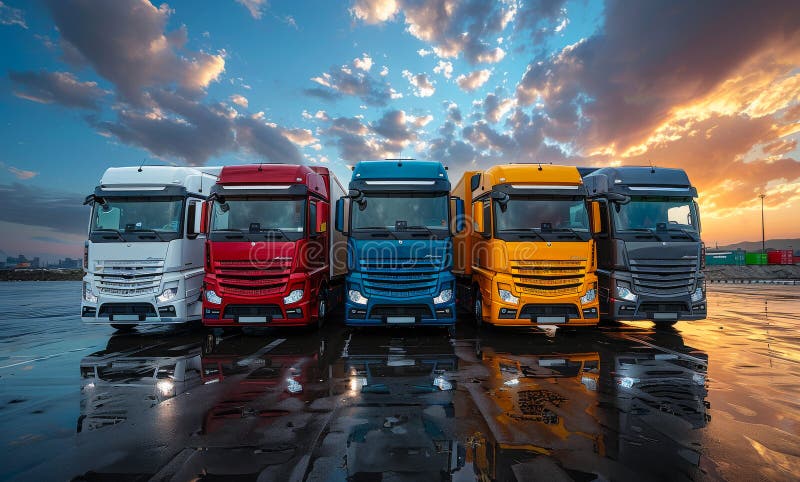 Three Trucks are Parked in Row. a Group of Modern Trucks Parked in the ...