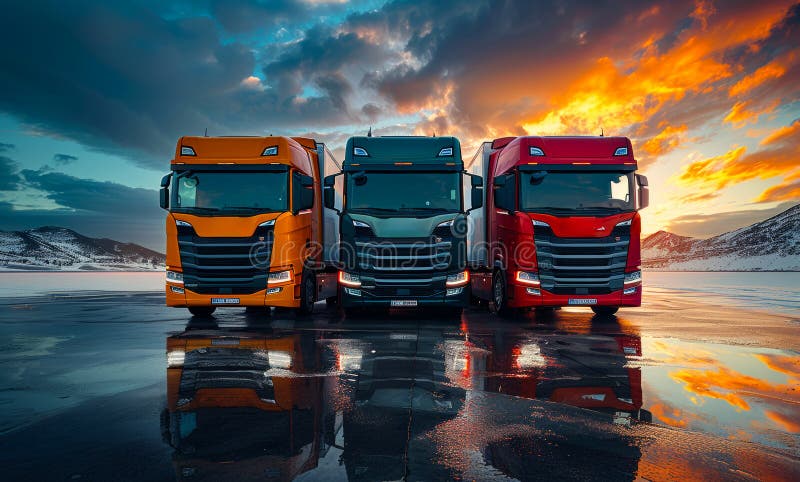 Three Trucks are Parked in Row on the Road in the Background of the ...