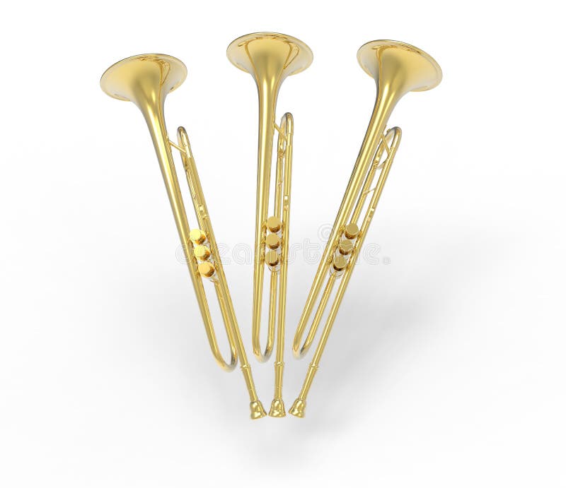 Three Trumpets Nad Horn on the Blue Background Stock Image - Image of ...