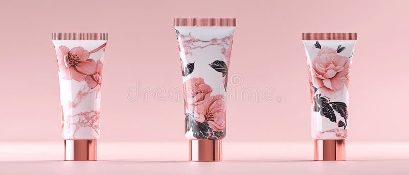 Tubes of Cream with Pink Rose Pattern and Gold Caps on a Pink ...