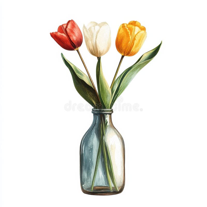 Three Tulips in a Glass Vase Spring Flowers Botanical Illustration ...