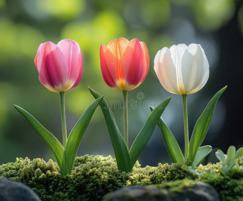 Three Tulips Growing in Moss Garden Bed Stock Illustration ...