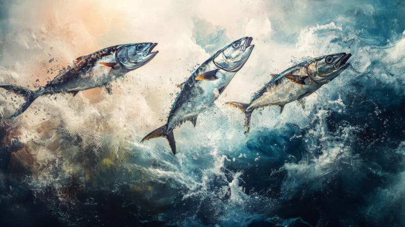 Three Tuna Leaping from Ocean Waves Stock Illustration - Illustration ...