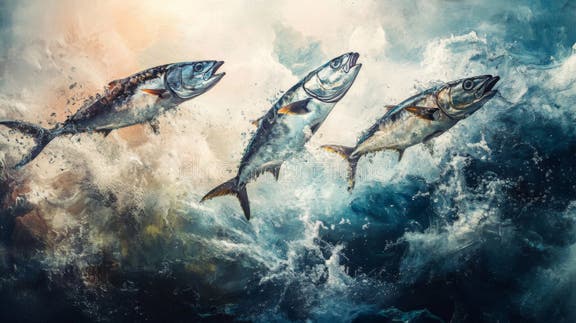 Three Tuna Leaping from Ocean Waves Stock Illustration - Illustration ...