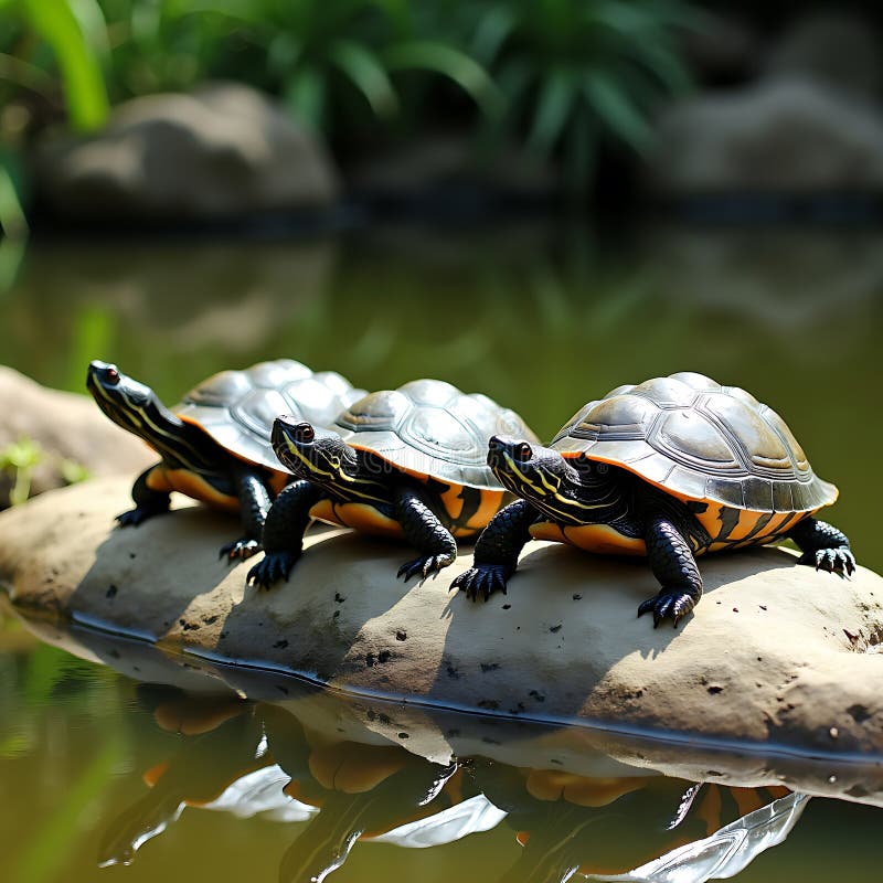 Three Turtles Basking on a Rock by a Tranquil Pond. Stock Illustration ...