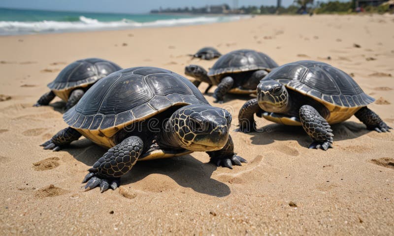 Three turtles on the beach stock illustration. Illustration of coastal ...