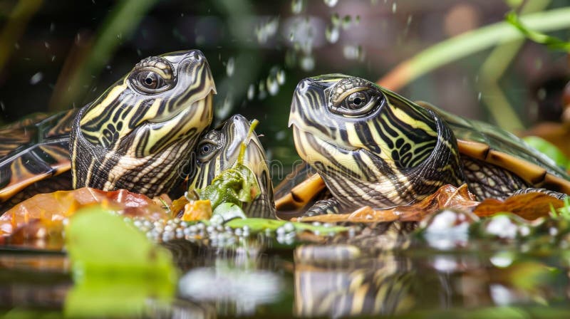 Three Turtles Gathering and Feeding in a Tranquil Pond Stock ...