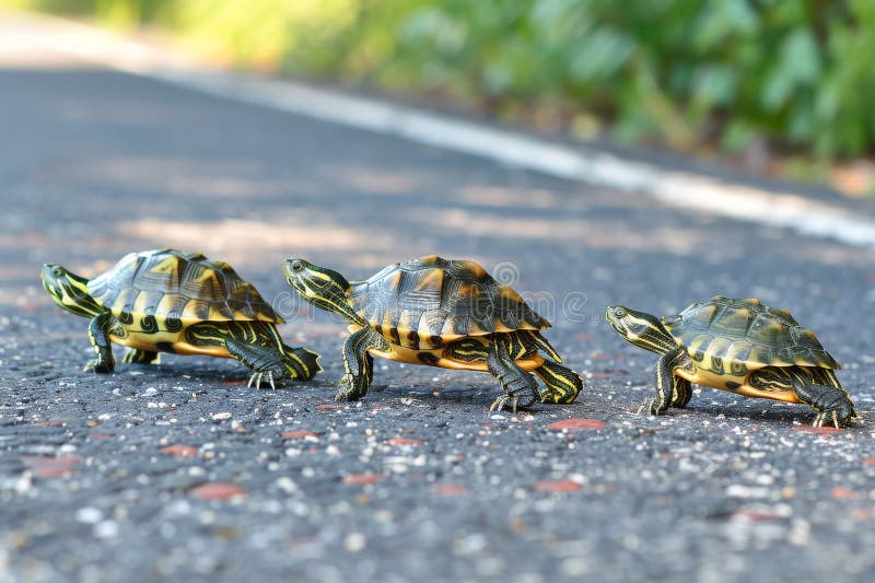 Three Turtles Racing on Asphalt Road. Stock Image - Image of movement ...