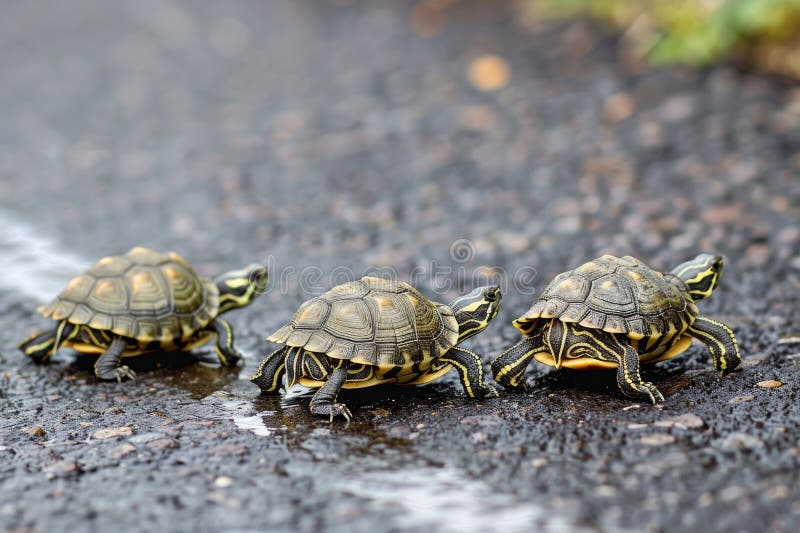 Three Turtles Racing on Asphalt Road. Stock Image - Image of movement ...