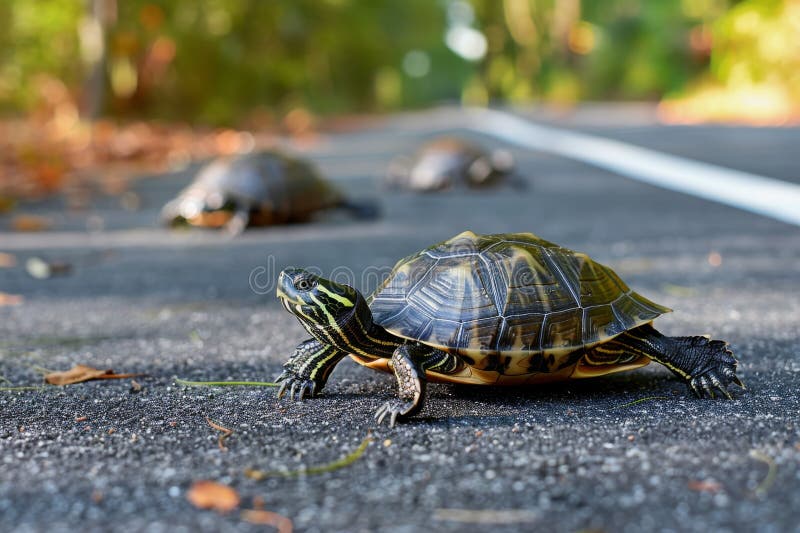 Three Turtles Racing on Asphalt Road. Stock Photo - Image of speed ...