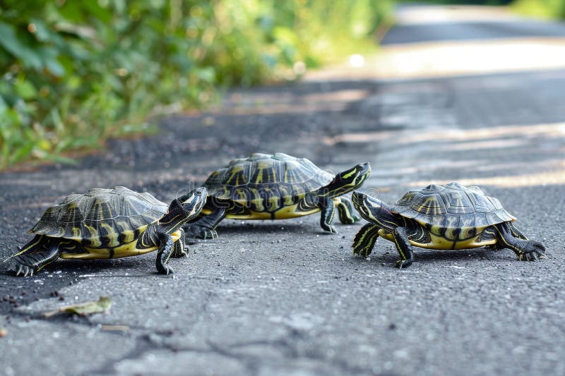 Three Turtles Racing on Asphalt Road. Stock Image - Image of slow ...