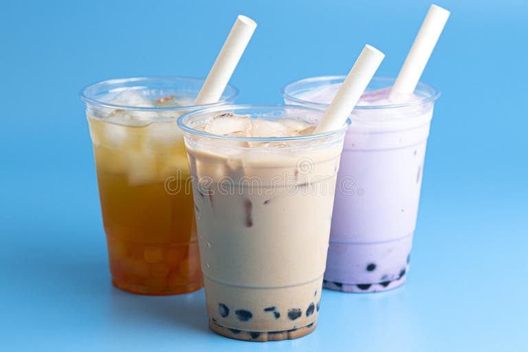 Three Different Types of Boba Tea on a Bright Blue Background Stock ...