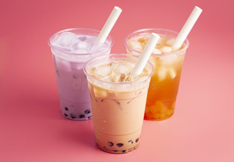 Three Different Types of Boba Tea on a Bright Pink Background Stock ...