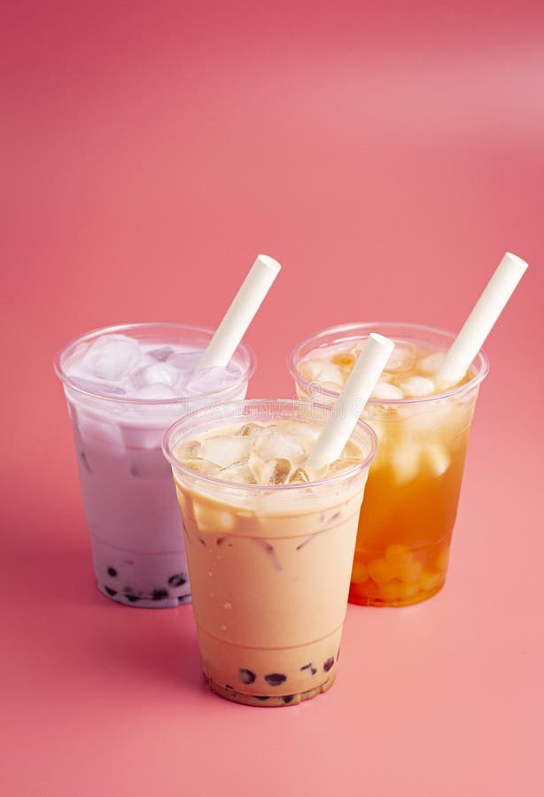 Three Different Types of Boba Tea on a Bright Pink Background Stock ... Three Different Types of Boba Tea on a Bright Pink Background Stock ...