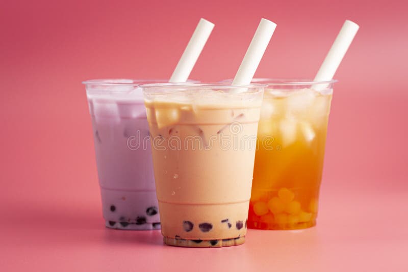 Three Different Types of Boba Tea on a Bright Pink Background Stock ...