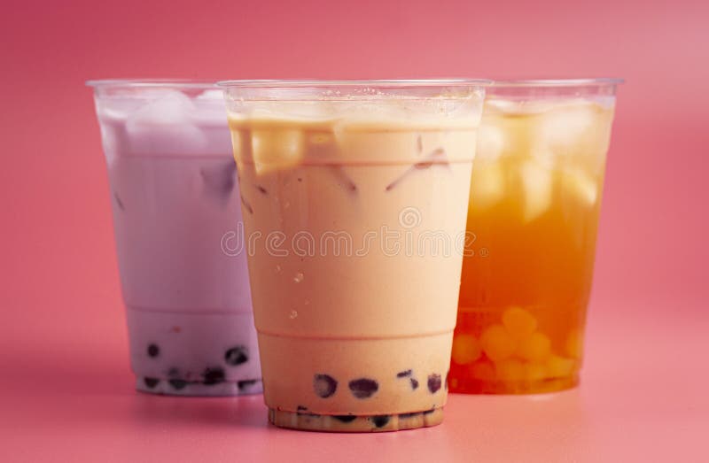 Three Different Types of Boba Tea on a Bright Pink Background Stock ...