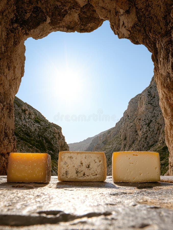 Three Types of Cheese Displayed in a Cave Opening with a Mountain View Stock Illustration ...