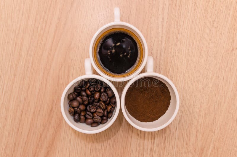 Three Types of Coffee - Ground, Grain, Beverage Stock Photo - Image of ...