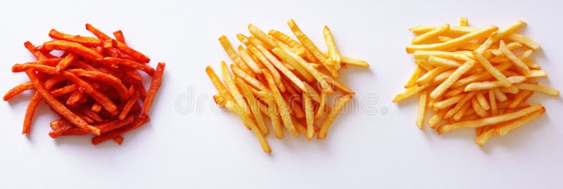 Three Types of French Fries in Different Colors and Textures on White ...