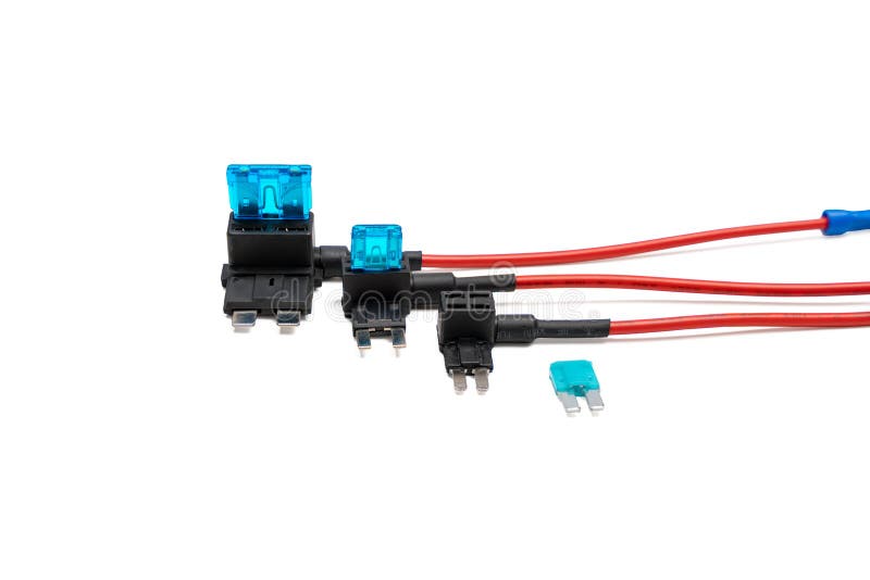Three Types of Fuse Taps with Blue Blade Fuses are Aligned Side by Side ...