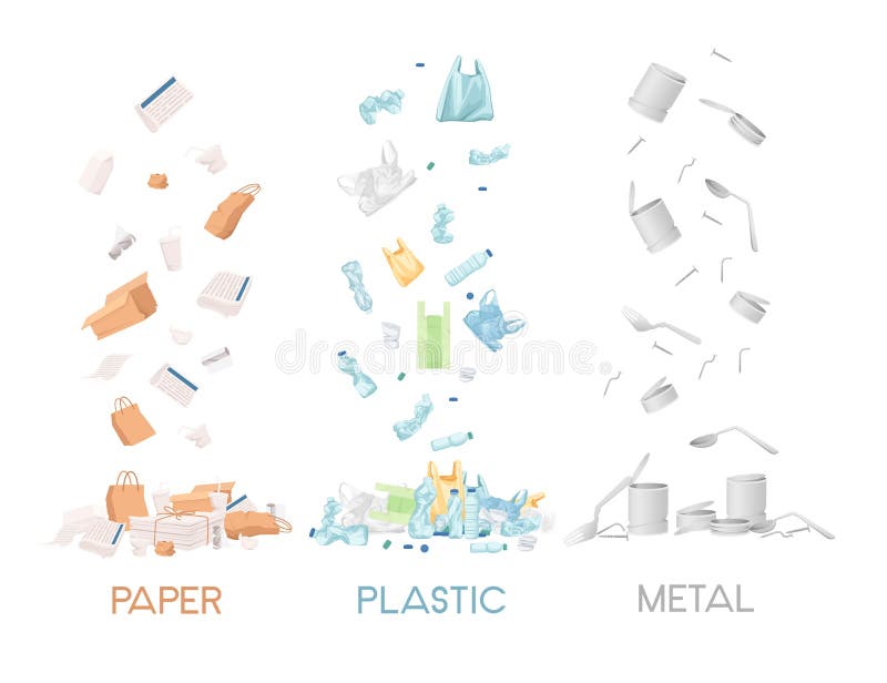Three Types of Garbage Paper Plastic and Metal Waste Vector ...