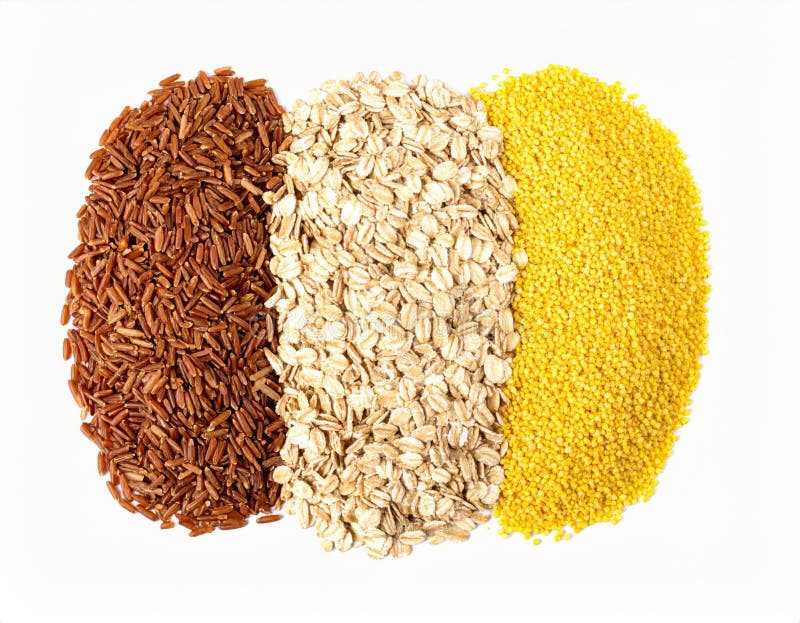 Three Types of Grains Displayed Raw Brown Rice Oats and Yellow Millet ...