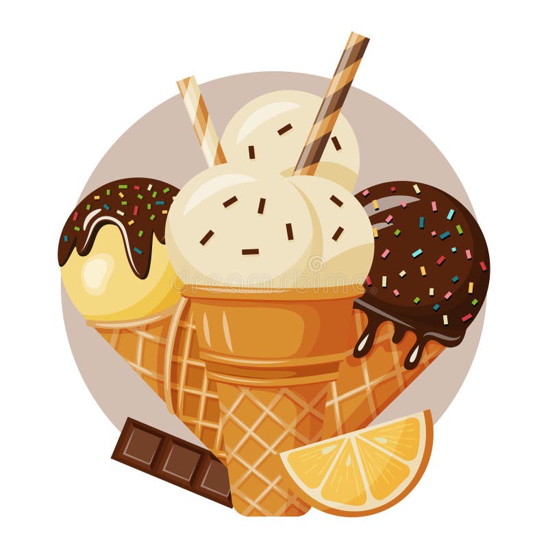 Three Types of Ice Cream with Chocolate and a Piece of Orange. Stock ...