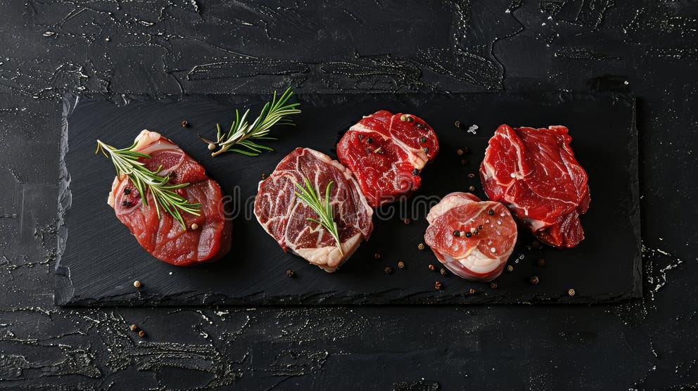 Three Types of Meat Cuts on Textured Black Background Stock Image ...