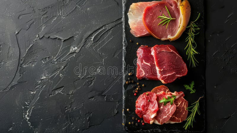 Three Types of Meat Cuts on Textured Black Background Stock Photo ...