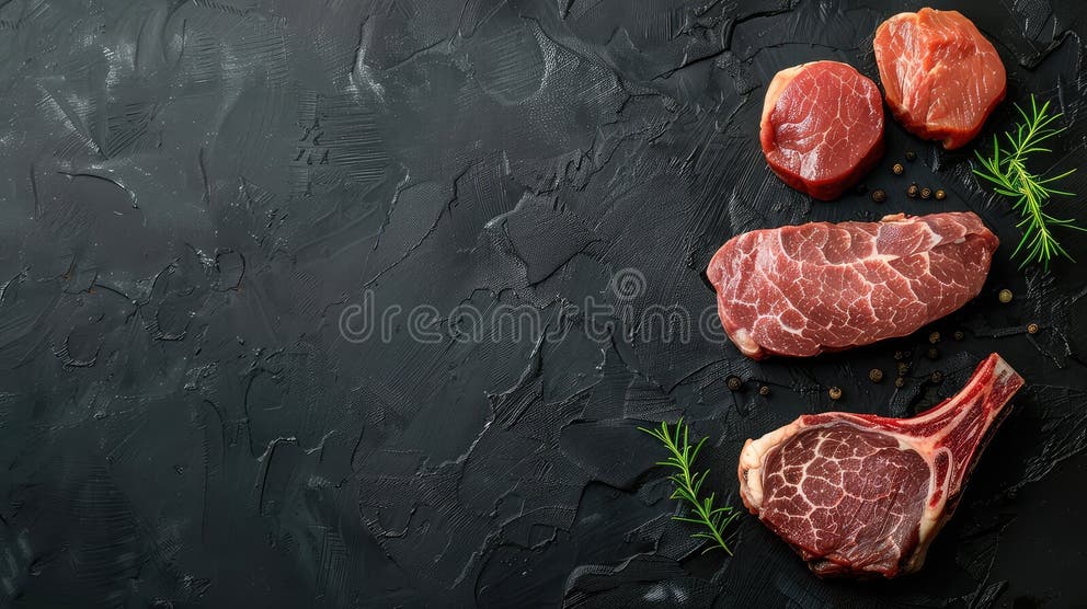 Three Types of Meat Cuts on Textured Black Background Stock Photo ...