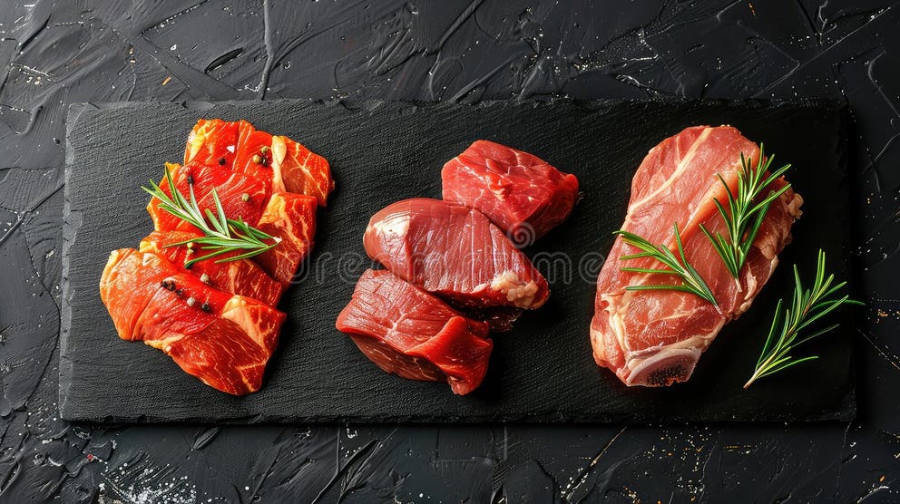 Three Types of Meat Cuts on Textured Black Background Stock Image ...